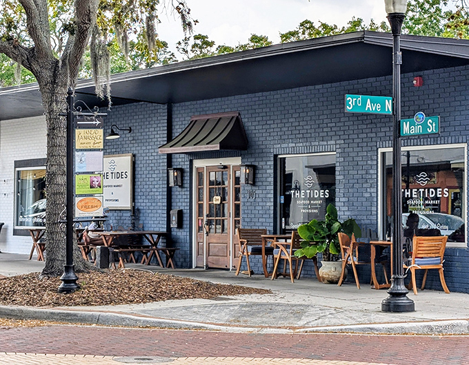 The Tides Market sits at the corner of Charm and Character, its navy exterior and wooden furniture promising artisanal discoveries within.