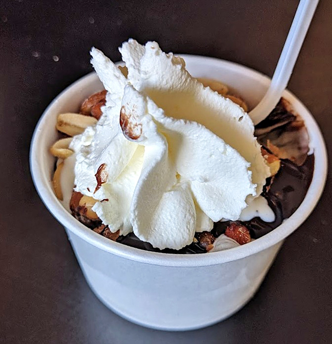 The Tin Roof Sundae isn't just dessert—it's architecture. Layers of vanilla custard, hot fudge, and nuts create the skyline of Flavortown.
