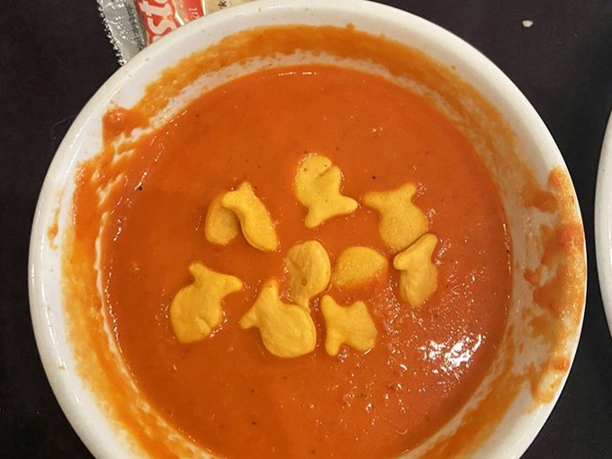 Tomato soup with goldfish crackers swimming happily on top&mdash;childhood comfort reimagined for grown-up taste buds but still sparking that same joy.