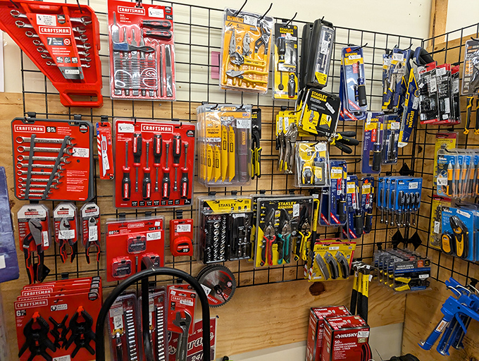 Tool paradise for DIY dreamers&mdash;Craftsman, Stanley, and more hanging like mechanical candy in a hardware wonderland.