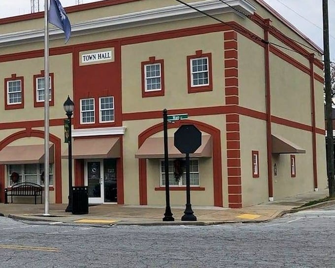 The Town Hall's distinctive red and cream color scheme makes government business look almost appetizing &ndash; almost.