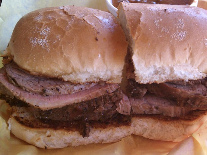 The tri-tip sandwich that's caused more California traffic jams than rush hour. Two halves because sharing one would lead to friendship-ending disputes.