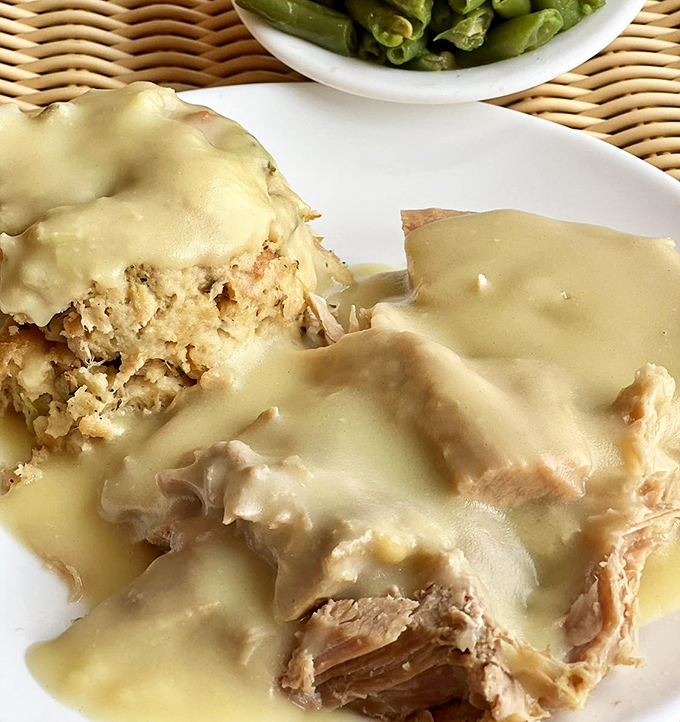 Turkey dinner swimming in gravy so good you'll want to drink it with a straw. Thanksgiving has nothing on this everyday indulgence.