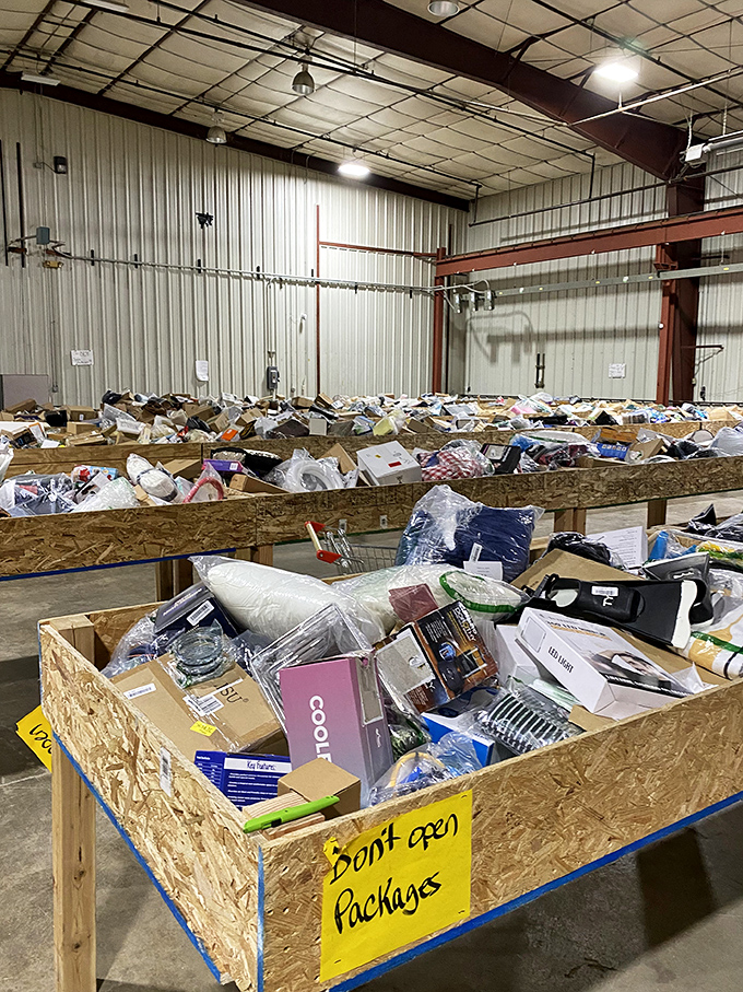 "Don't open package" warns the sign, but the temptation is real when bins overflow with potential treasures and unexpected finds.