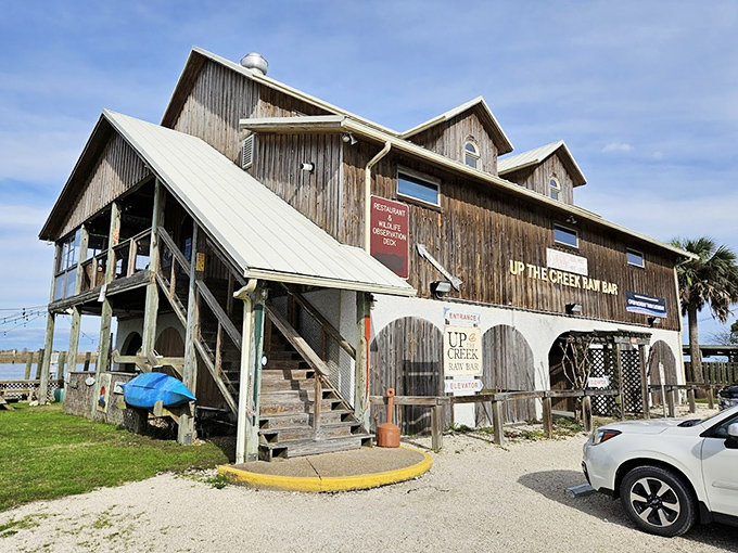 Up The Creek Raw Bar embodies rustic coastal charm with its weathered wood exterior &ndash; like a delicious secret only the locals were supposed to know about.