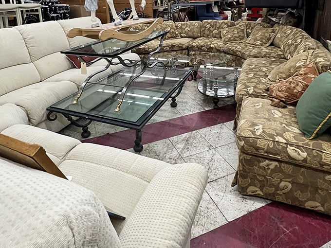 The living room section &ndash; where sectional sofas with stories to tell await their second act in your binge-watching adventures.