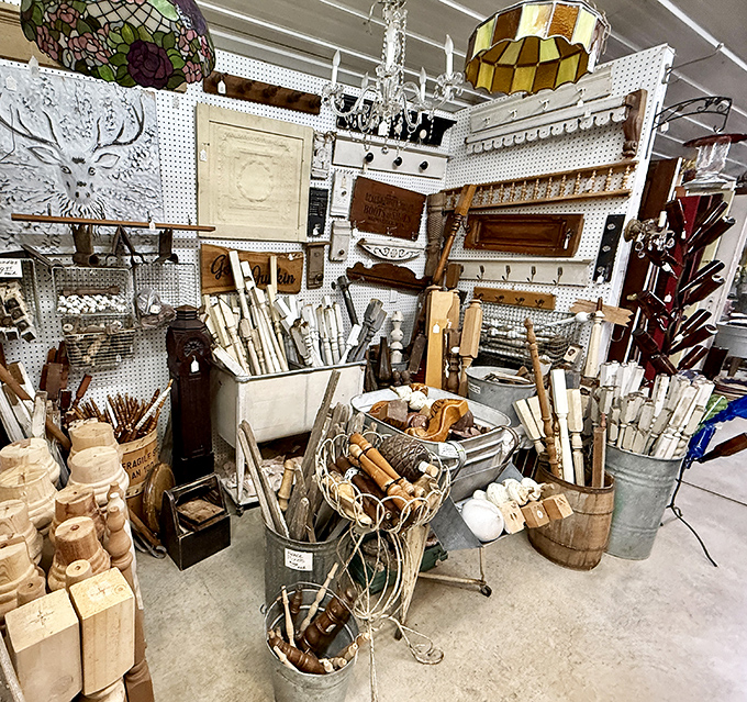Architectural salvage meets farmhouse chic in this carefully curated corner where yesterday's utilitarian items become today's statement pieces for modern homes.
