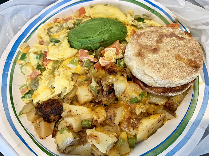 The Veggie Egg Scramble with avocado is California on a plate&mdash;sunshine-yellow eggs mingling with green peppers and those magical potatoes.
