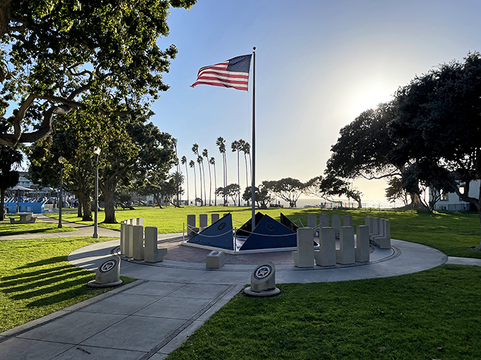 Veterans Park offers that quintessential California combo: palm trees, perfect grass, and patriotism with an ocean view.