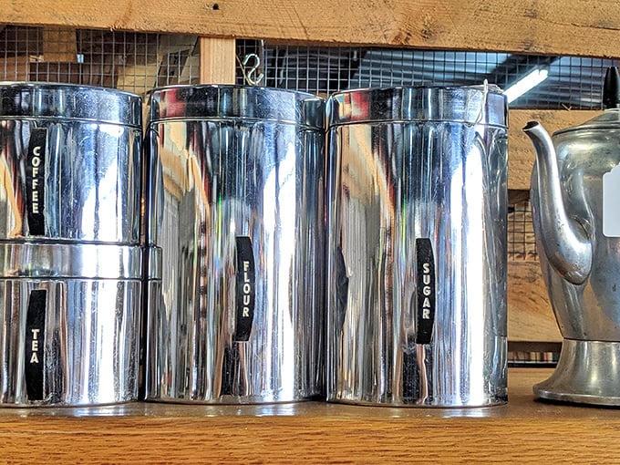 These gleaming metal kitchen canisters aren't just storage&mdash;they're mid-century sculptures that make your modern coffee pods hang their heads in shame.