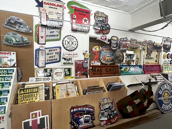 Man cave essentials and vintage signs that transform ordinary walls into conversation pieces. "Caution: Squirrels Operate Heavy Machinery" &ndash; now that's a warning!