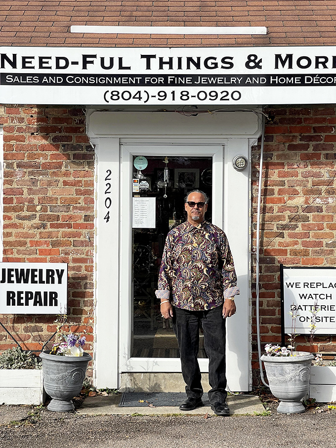 The store's doorway welcomes visitors with potted plants and promises of treasures that can't be found at big box retailers.