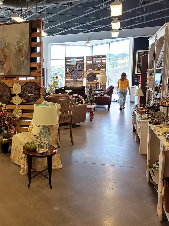 Wooden pallets transformed into rustic display walls prove that at Amanda's Exchange, even the fixtures get a second chance at greatness.