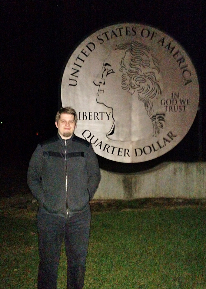 The Giant Quarter takes on an ethereal quality after dark, like Washington himself is keeping watch over late-night travelers along Route 30.