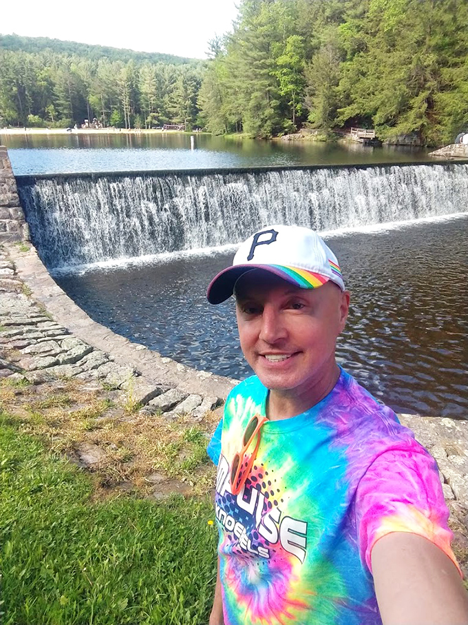 The park's waterfall creates the perfect backdrop for visitors enjoying a day away from spreadsheets and Zoom meetings.