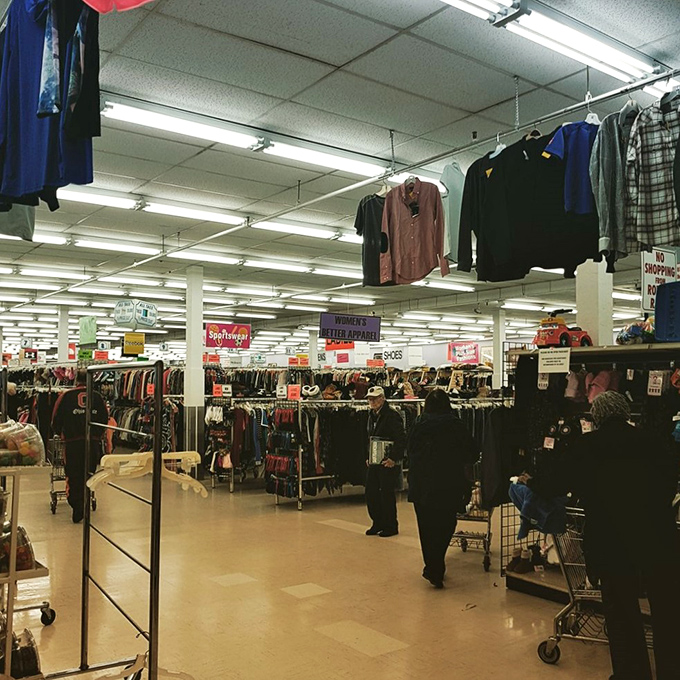 Fellow treasure hunters navigate the aisles with the determination of prospectors during the Gold Rush.