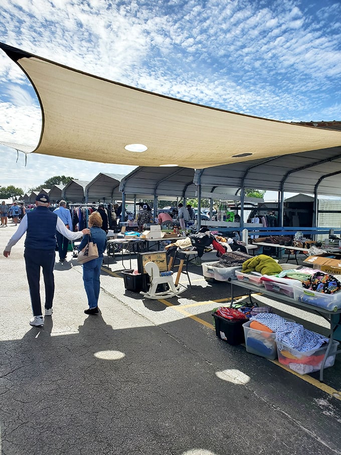 Weekend explorers embark on their treasure hunt beneath canvas canopies, where tables laden with potential finds await the discerning eye.