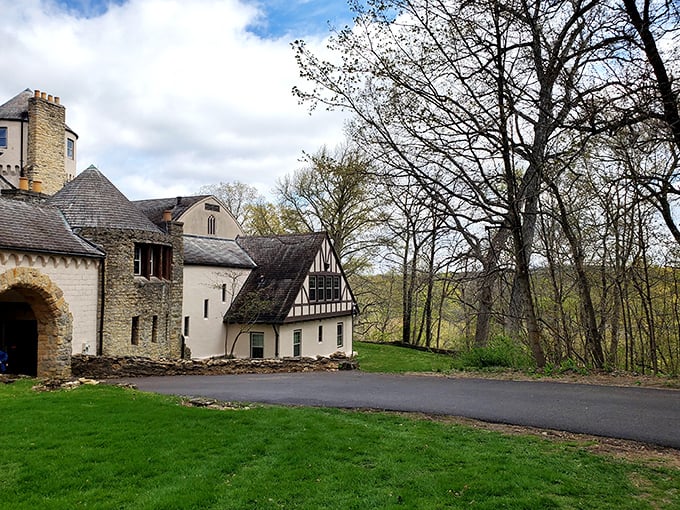 The castle's exterior showcases the architectural marriage of stone and Tudor-style elements that make Stronghold such a distinctive Midwest treasure.