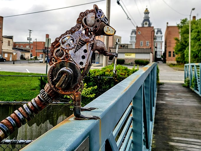 This whimsical metal sculpture watches over downtown, like an artistic guardian made from parts that had previous lives in local workshops and farms.