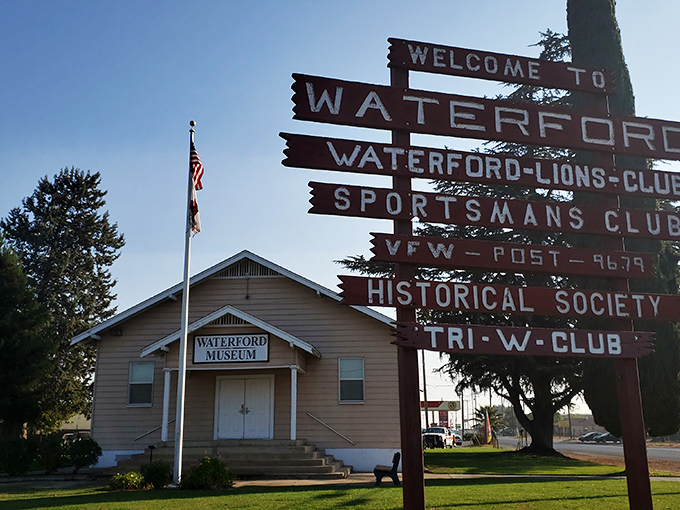 The Waterford Museum and welcome sign &ndash; where civic pride comes with helpful directions and a side of historical perspective.