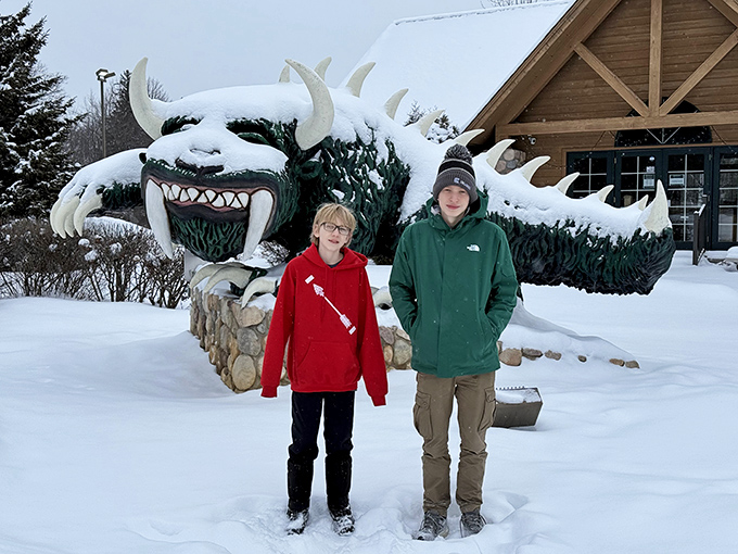 Even Wisconsin winters can't dim the Hodag's legendary smile - just adds some frosty character to those horns.