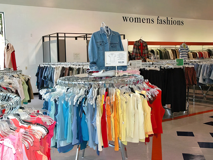 The women's section bursts with color-coded possibilities. Like a rainbow after a rainstorm, but with better fashion options.