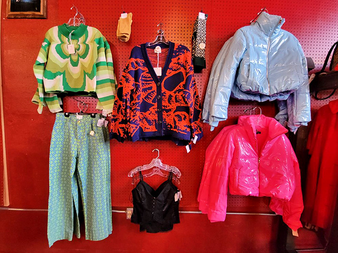 Fashion time travel in technicolor: from retro green bell-bottoms to hot pink puffers, each piece waits for its second chance to make a first impression.