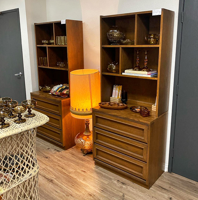 Mid-century modern meets warm functionality in this wooden wall unit display. That amber lamp casts the kind of glow that Instagram filters try to replicate.