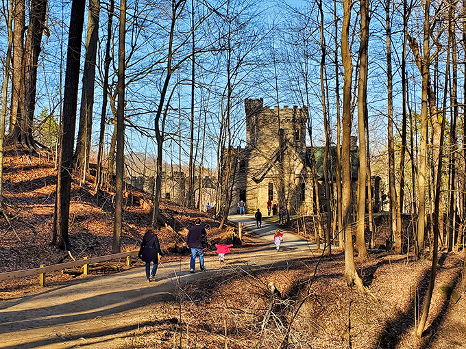 The approach to Squire's Castle feels like entering another realm, where bare winter trees frame the stone fortress waiting at the path's end.