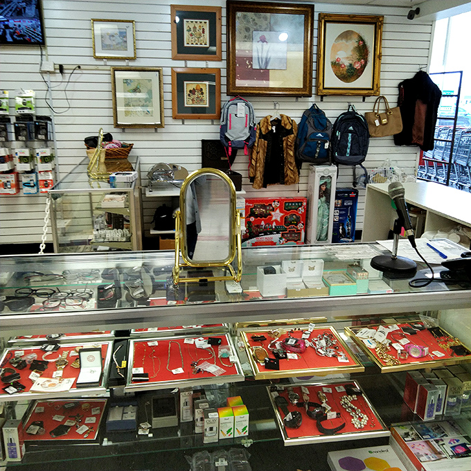 The accessories counter gleams with yesterday's treasures&mdash;vintage jewelry, watches, and sunglasses await their chance to shine again.