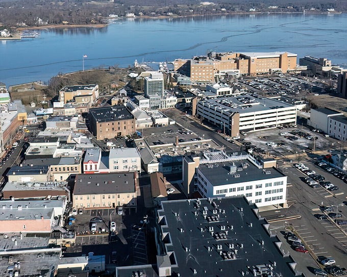 From above, Red Bank reveals its perfect positioning&mdash;a compact downtown nestled against the shimmering Navesink, with parking lots that somehow look artistic.
