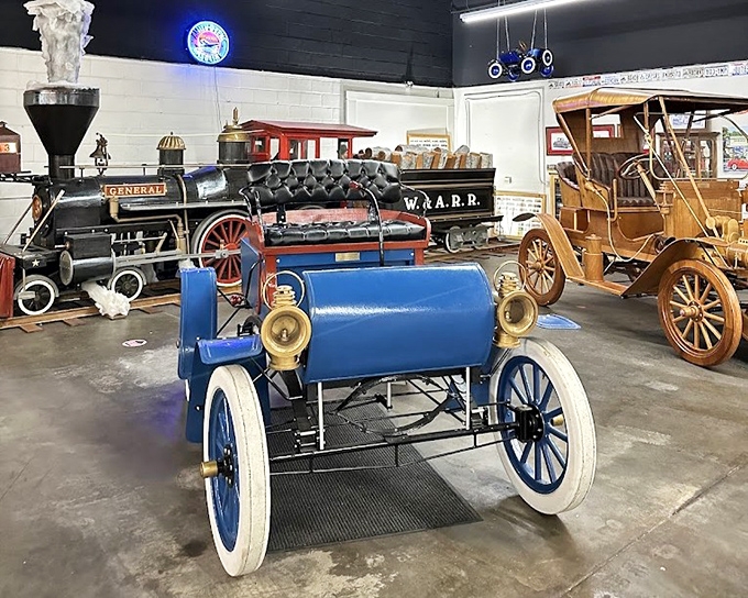 This isn't just an old blue runabout—it's America's first love affair with the open road, complete with brass accents that gleam like jewelry.