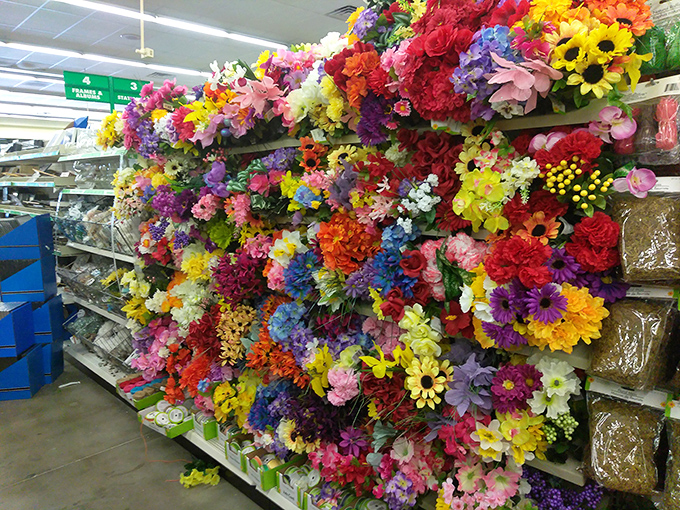 A rainbow explosion of artificial blooms that never need watering. Mother Nature might be jealous of this perpetual springtime display.