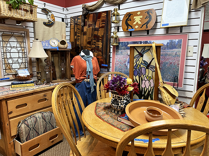 This oak dining set has hosted countless family dinners and is ready for yours. The stained glass artwork behind it? Just a bonus conversation starter.