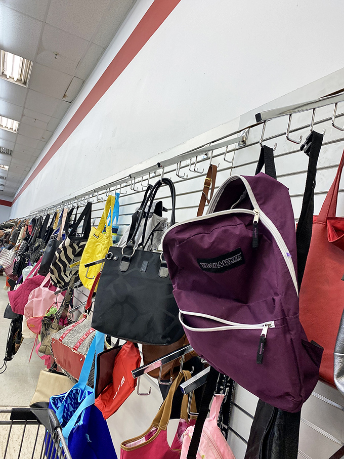 Bag heaven! From practical backpacks to statement purses, this wall of accessories proves one person's castoff is another's fashion find.