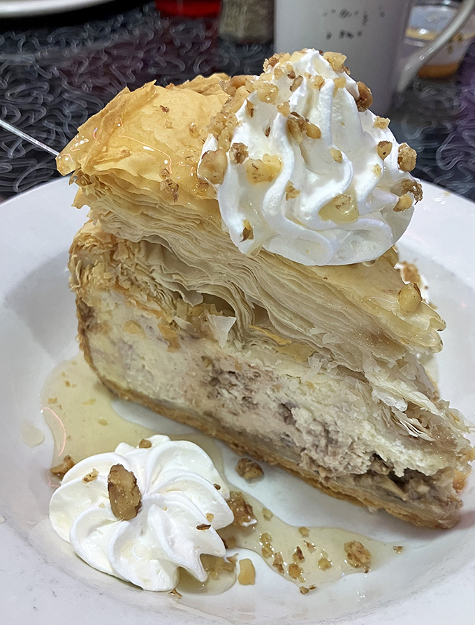 Baklava cheesecake: where Greek tradition meets American indulgence. Flaky, creamy, and sweet enough to make you forget your diet resolutions.
