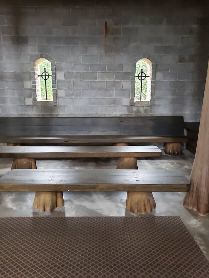 Simple wooden benches beneath arched windows create a monastic atmosphere where visitors can contemplate life's big questions&mdash;or just rest their feet.