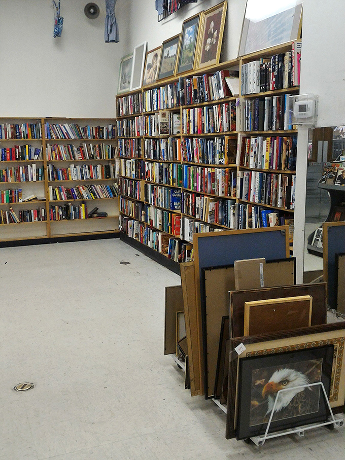 A literary treasure trove where paperback classics and coffee table tomes share shelf space, waiting to fill the gaps in your home library and conversation skills.