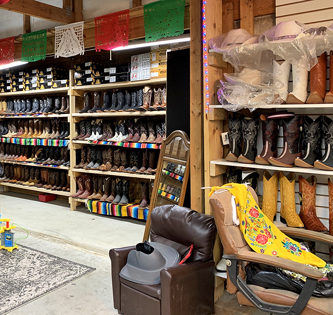 Cowboy boot heaven stretches as far as the eye can see. From practical ranch wear to rhinestone-studded showstoppers, your perfect pair is waiting somewhere in this leather paradise.