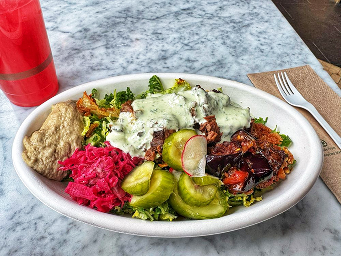 The legendary brisket salad in all its glory&mdash;a perfect harmony of tender meat, bright pickles, and creamy sauce that makes salad feel like an indulgence rather than a compromise.