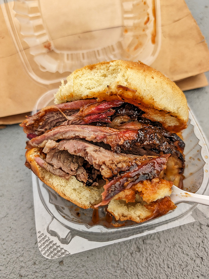This brisket sandwich is basically a meat avalanche between bread &ndash; approach with napkins and pure determination.