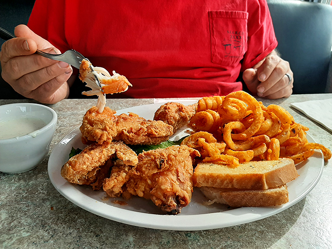 The broasted chicken arrives like the headliner of a sold-out show&mdash;golden, crispy, and ready for its standing ovation. Those curly fries aren't just sidekicks.