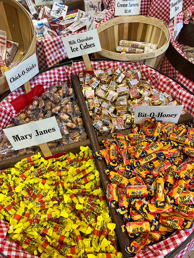 Wooden barrels brimming with colorful candy create a choose-your-own-adventure of sugar. Mary Janes and Bit-O-Honey wait patiently for their comeback tour.