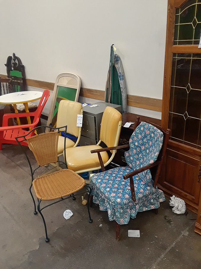 The chair section: where mid-century modern meets grandma's living room in a furniture reunion that spans decades of American home design.