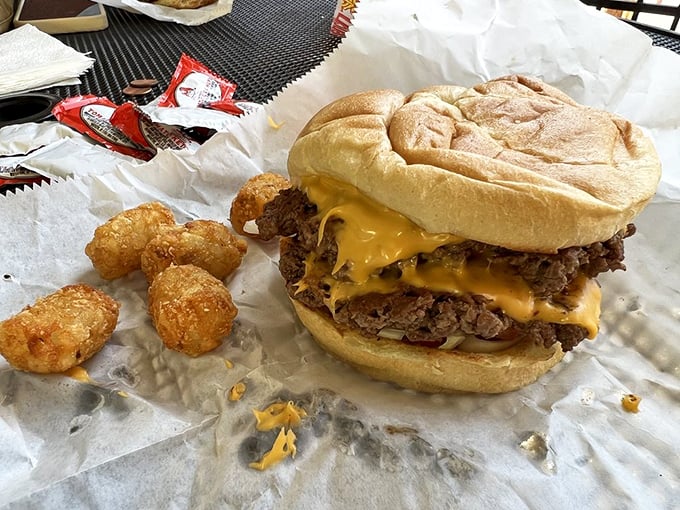 Behold the cheeseburger in its natural habitat—unpretentious, melty, and ready to remind you why classics never go out of style.