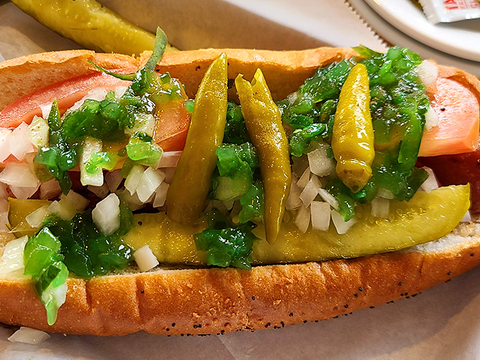 Chicago meets California in this loaded dog that's dressed to impress. The relish practically glows with Midwestern pride.