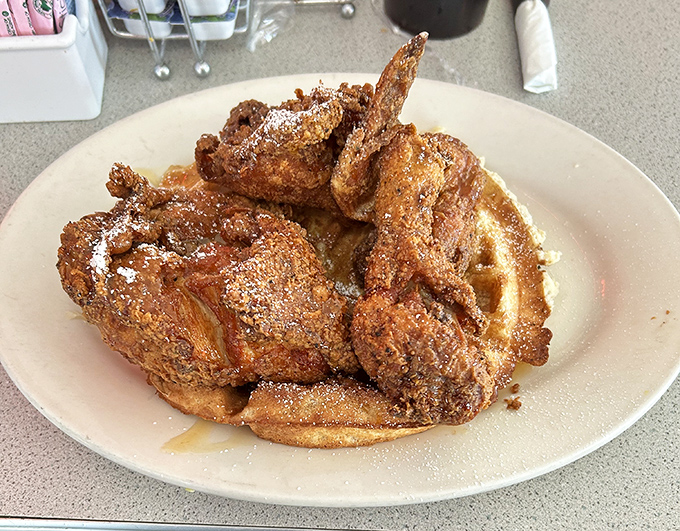 Fried chicken and waffles &ndash; the breakfast equivalent of a perfect marriage, where sweet meets savory in a union blessed by maple syrup.