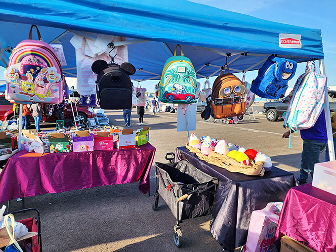 Backpacks featuring beloved characters hang like colorful fruit, ready to be plucked by parents preparing for back-to-school season.