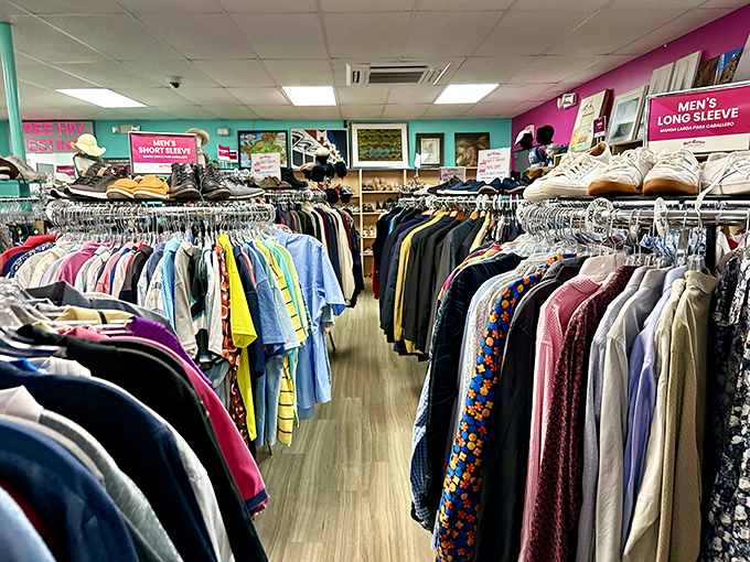 Color-coded clothing racks make browsing a breeze, unlike my closet at home where everything mysteriously turns beige. 