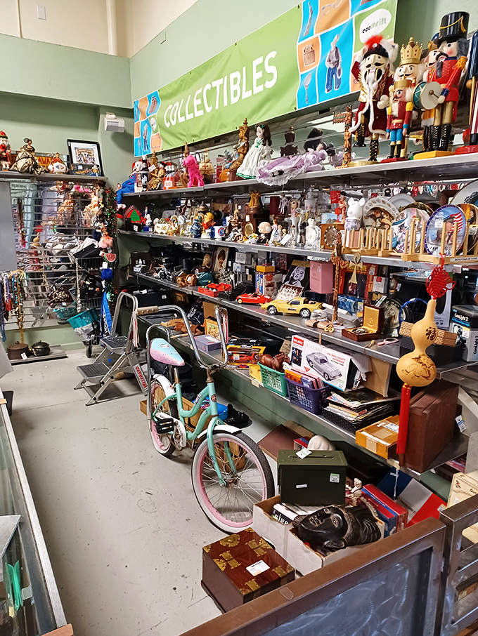The collectibles section: where childhood memories and future garage sale inventory peacefully coexist. That turquoise bicycle is calling someone's name.